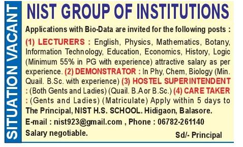 Odisha Jobs - Vacancy at NIST-Group-of-Institutions July-24