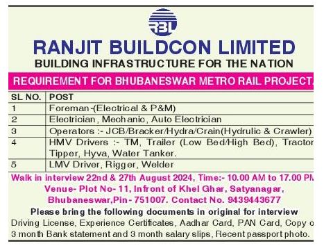 Odisha Jobs - Walk-in at Ranjit-Buildcon-Ltd August-24