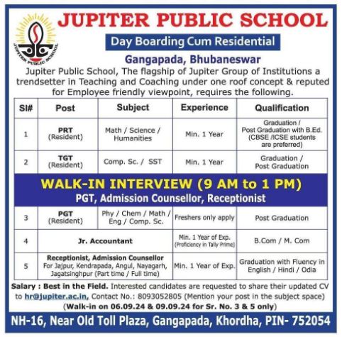 Odisha Jobs - Walk-in at Jupiter-Public-School Sep-24