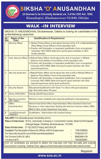 Odisha Jobs - Walk-in at SOA Feb-25