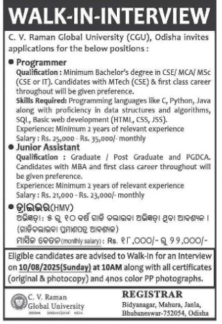 Odisha Jobs - Walk-in at CV-Raman-Global-University August-25