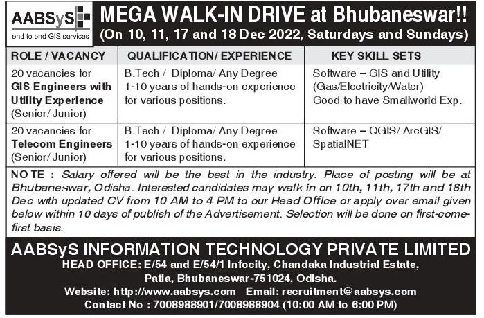 Odisha Jobs - Walk-in at AABSyS Dec-2022