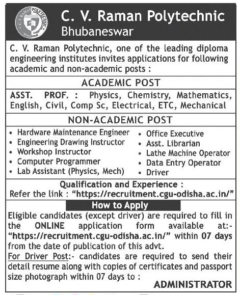 Odisha Jobs - Recruitment at CV-Raman-Polytechnic Dec-2022