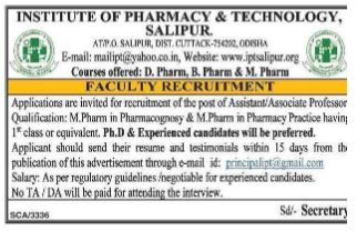 Odisha Jobs - Job-Vacancy at IPT-Salipur Sep-25