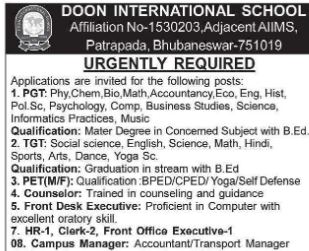 Odisha Jobs - Urgent-Need for DOON-International-School Dec-2022