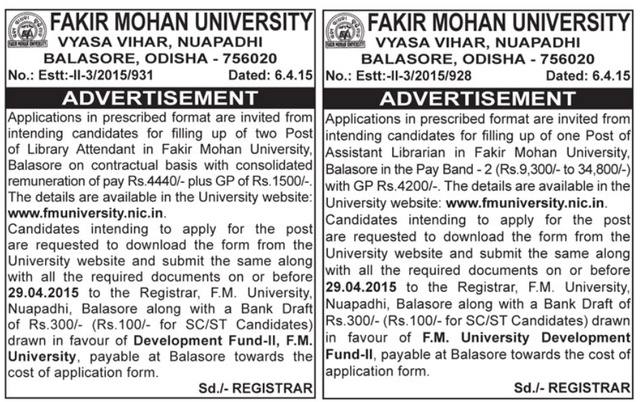 Odisha Jobs - Library Attendant/Assistant Librarian Jobs in Fakir Mohan ...